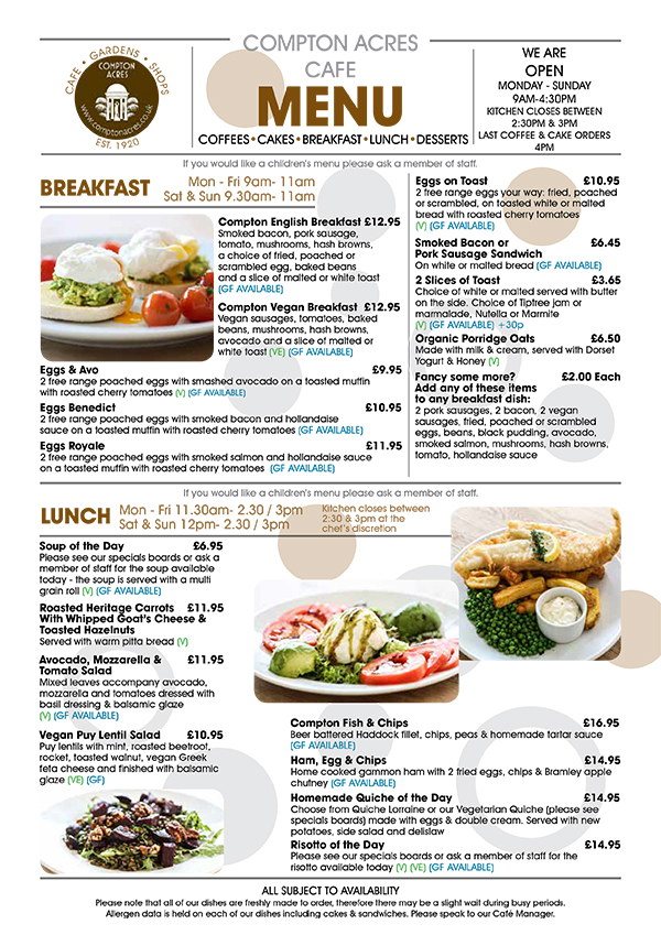 Cafe & Tea Rooms Menu | Compton Acres Gardens Poole Dorset