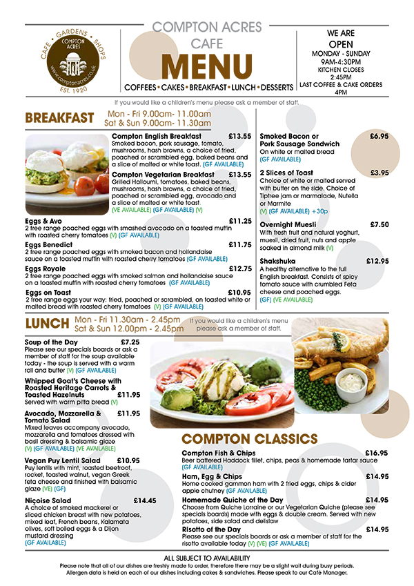Cafe & Tea Rooms Menu | Compton Acres Gardens Poole Dorset